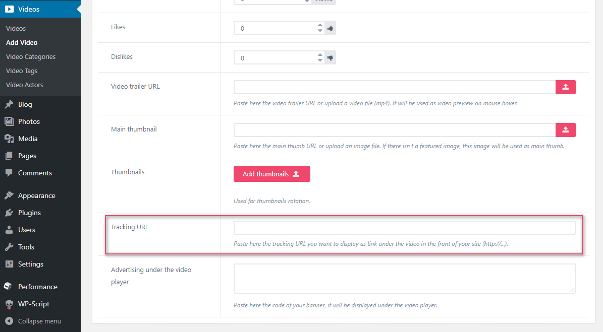 Display tracking URL button under video – WP-Script