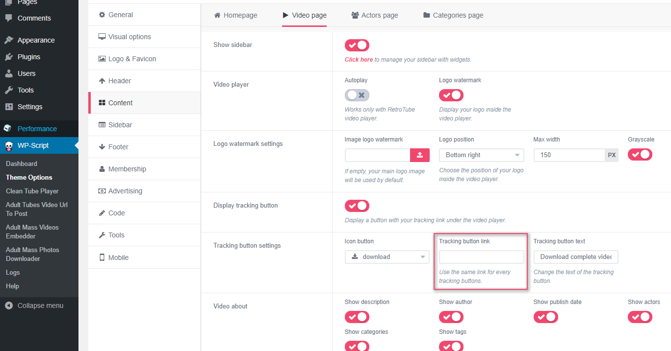 Display tracking URL button under video – WP-Script